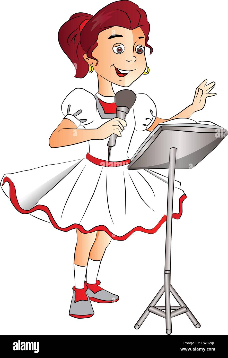 Vector of happy girl singing on mike at lectern Stock Vector Image ...