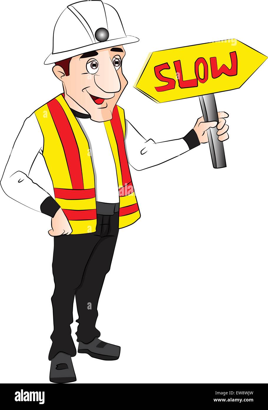 Vector illustration of happy construction worker holding slow sign ...