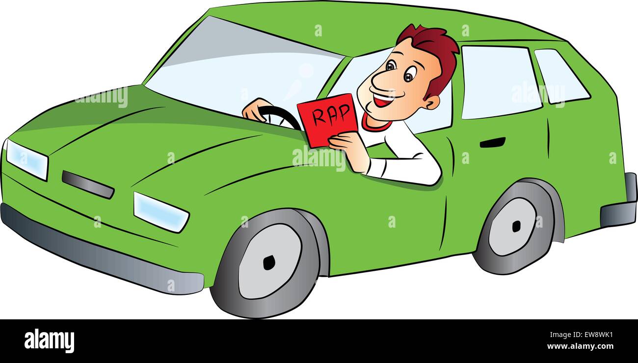 Vector illustration of happy young man driving car and showing rap sign ...