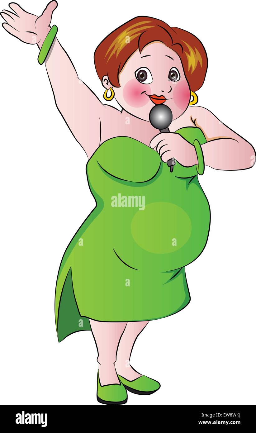Vector illustration of happy female singer holding mike and waving ...