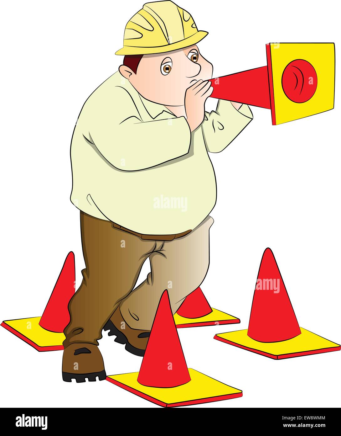 Vector illustration of a fat engineer blowing a construction cone Stock ...
