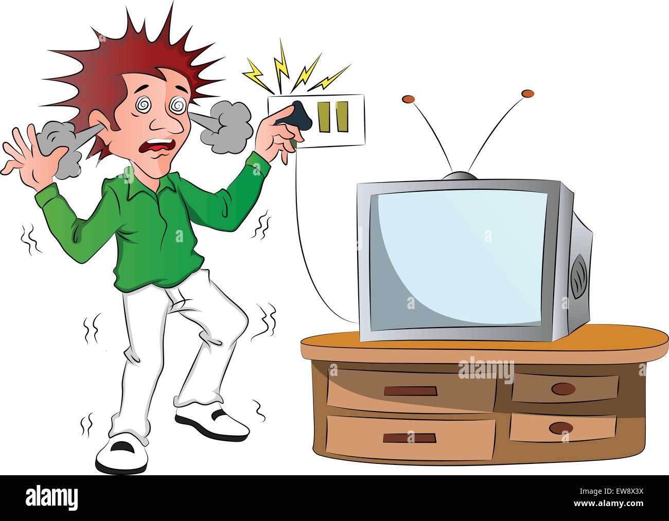 Vector of boy receiving an electric shock while touching television ...