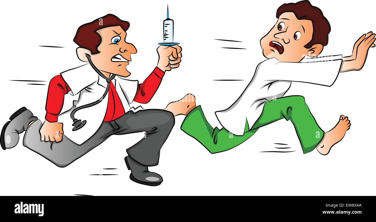 Vector illustration of shocked male patient escaping from the doctor ...