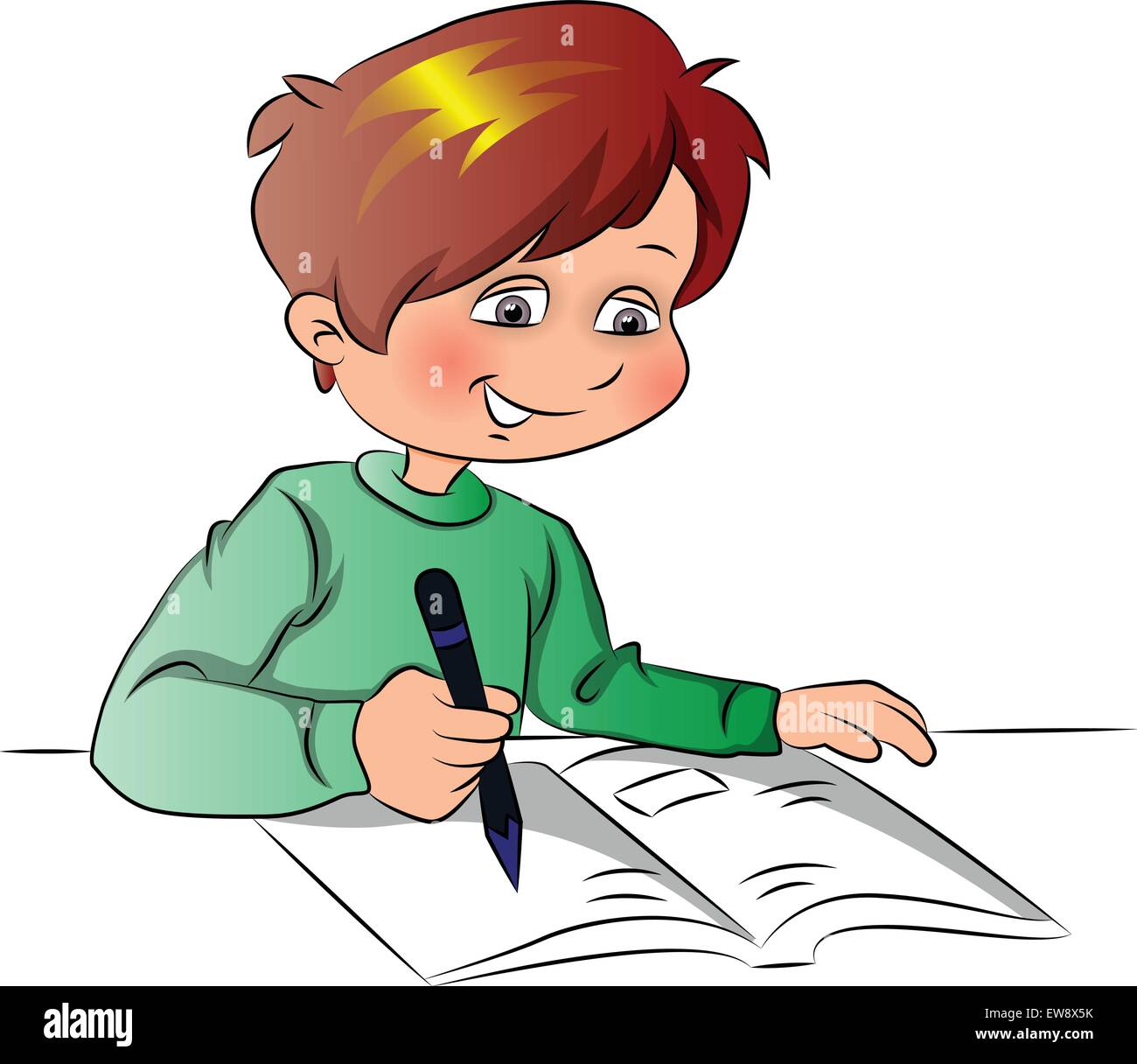Vector illustration of happy schoolboy writing in book Stock Vector ...