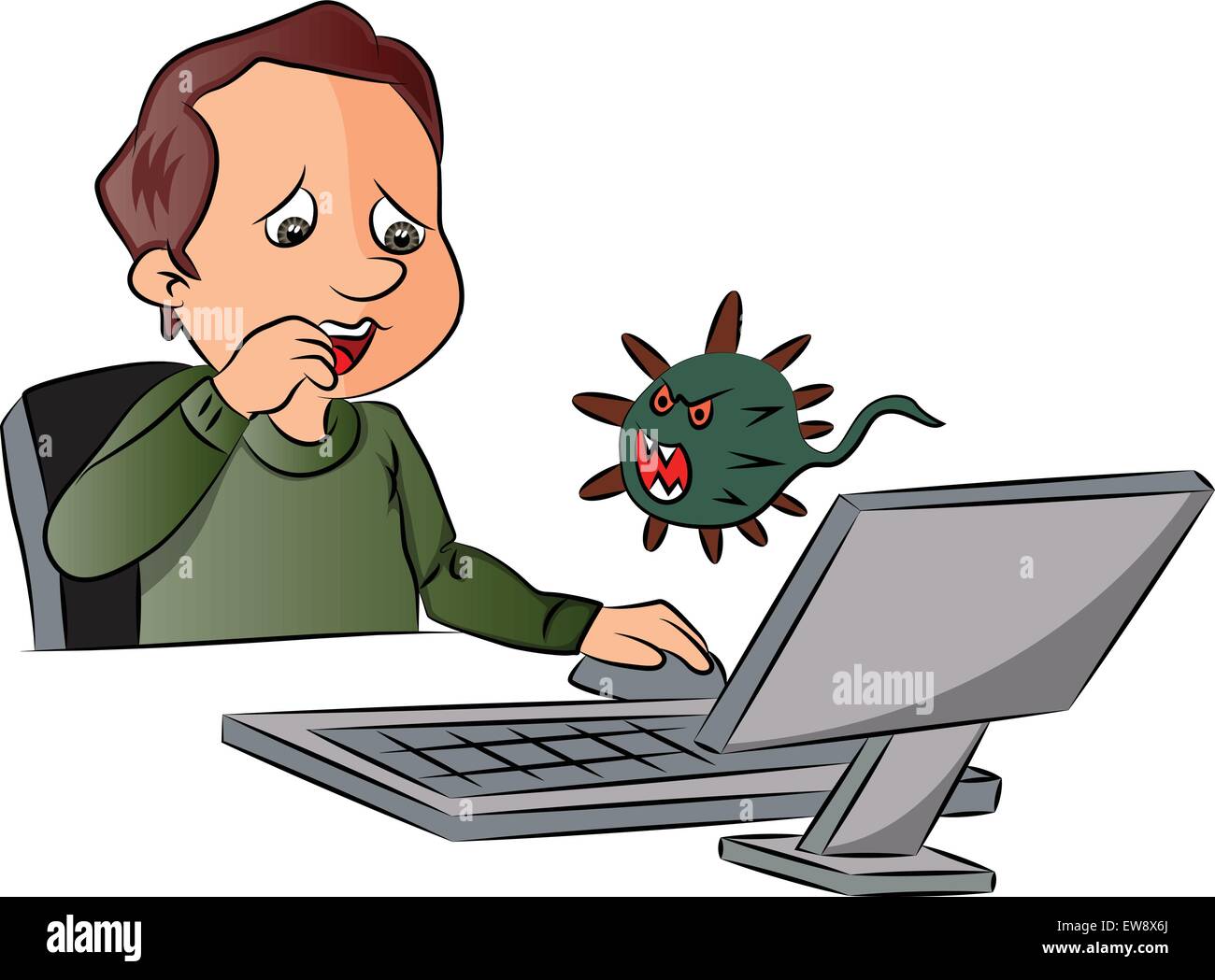 Vector illustration of man scared by looking at virus attack while ...