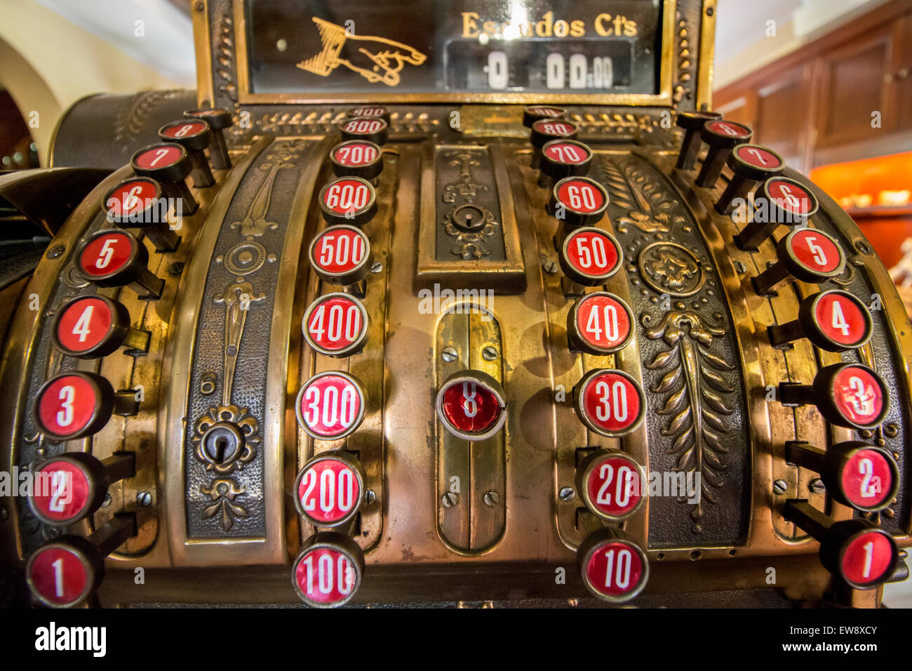 Close view detail of a portuguese vintage cash register Stock Photo - Alamy