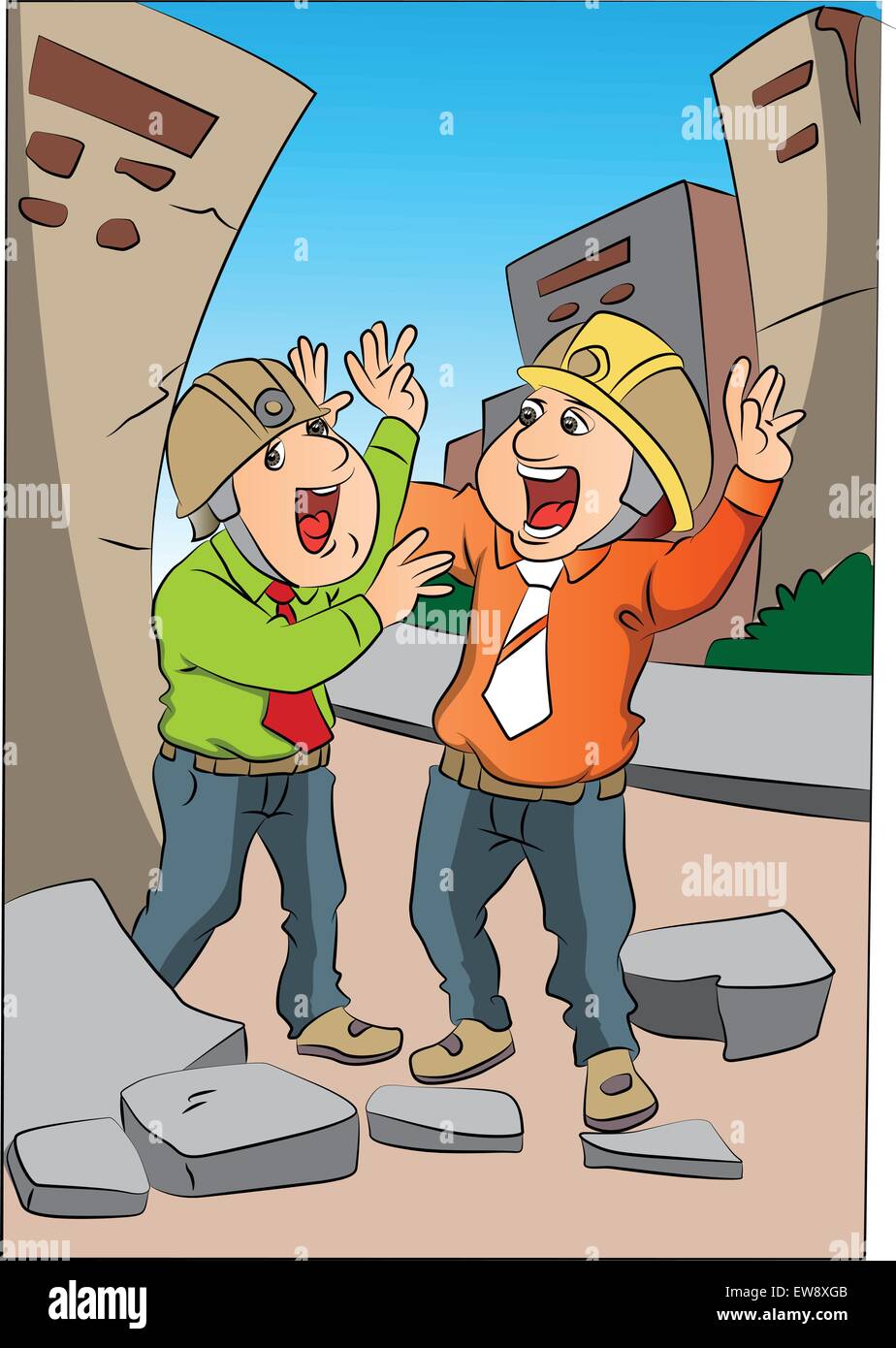 Vector illustration of two engineers screaming next to a damaged ...