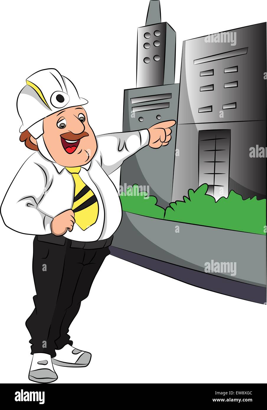 Vector illustration of happy engineer pointing towards the building ...
