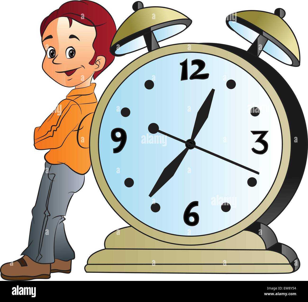 Young Man Leaning on a Giant Alarm Clock, vector illustration Stock ...
