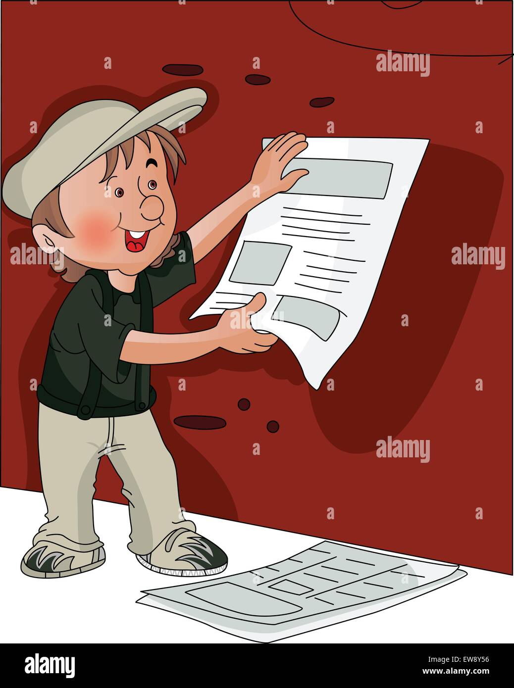 Vector illustration of man pasting a poster on wall Stock Vector Image ...