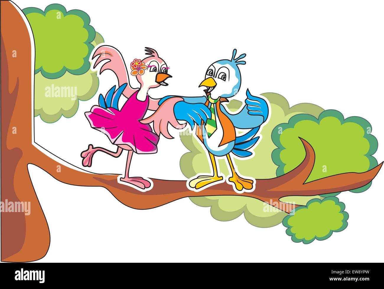 Bird couple in-love, dancing on a tree branch, vector illustration ...