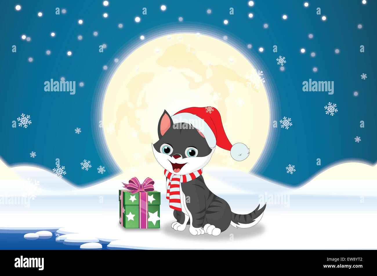 Merry Christmas in blue and white background with cat, present, moon ...