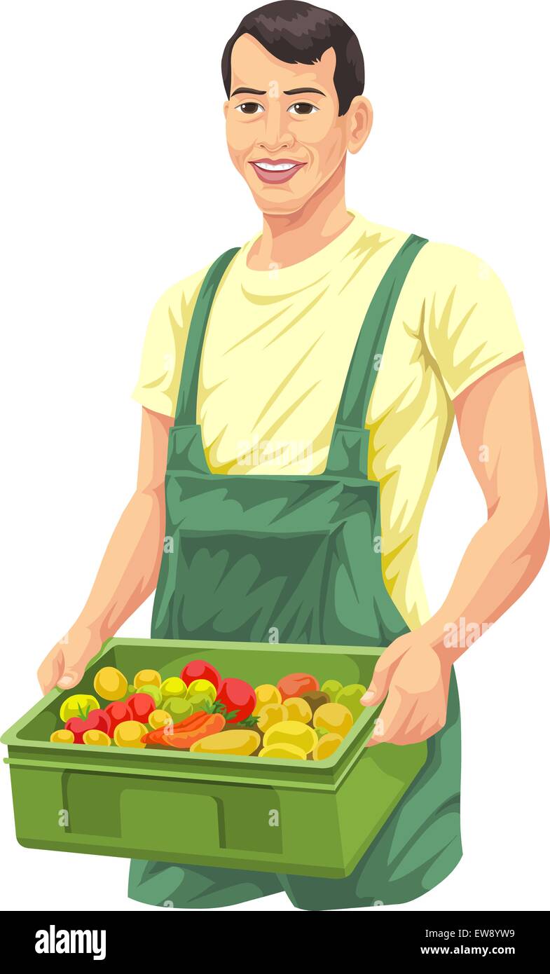 Vector illustration of farmer with fresh vegetables in basket Stock ...