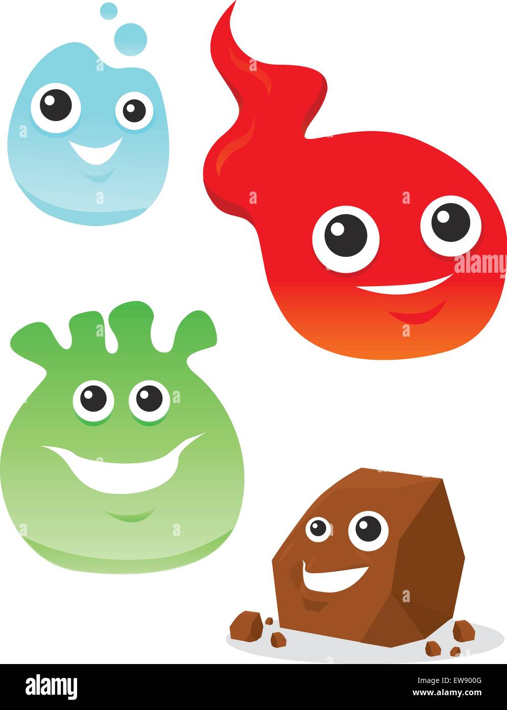 Colorful Creatures, Smiling, Elemental Water Fire Rock, vector ...