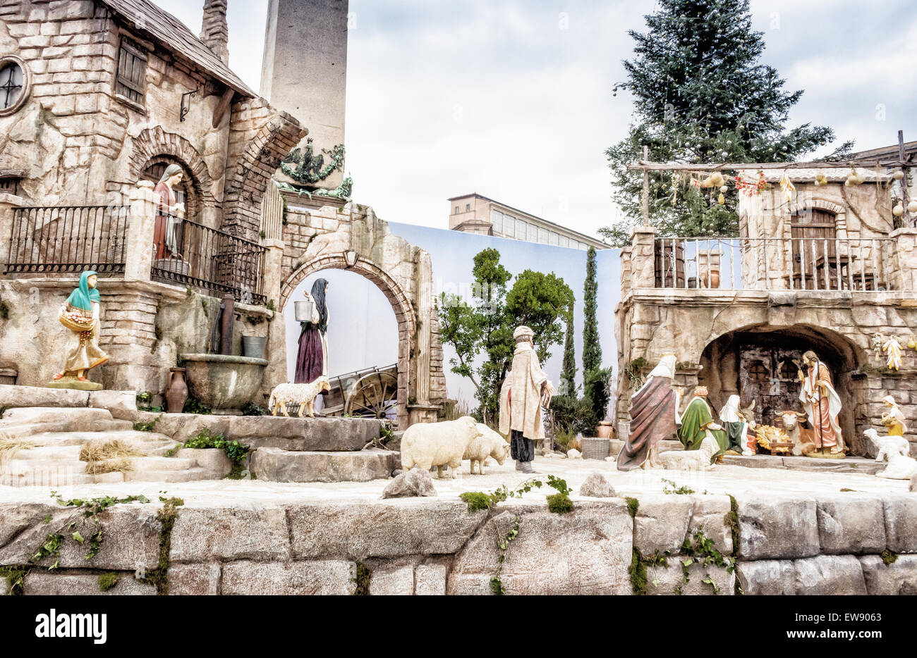 Nativity scene: a crib in Italy. Magi are bringings gift to Holy Family ...