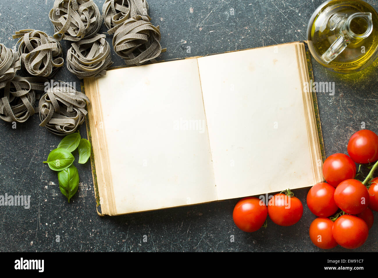 top view of blank cookbook and ingredients Stock Photo - Alamy