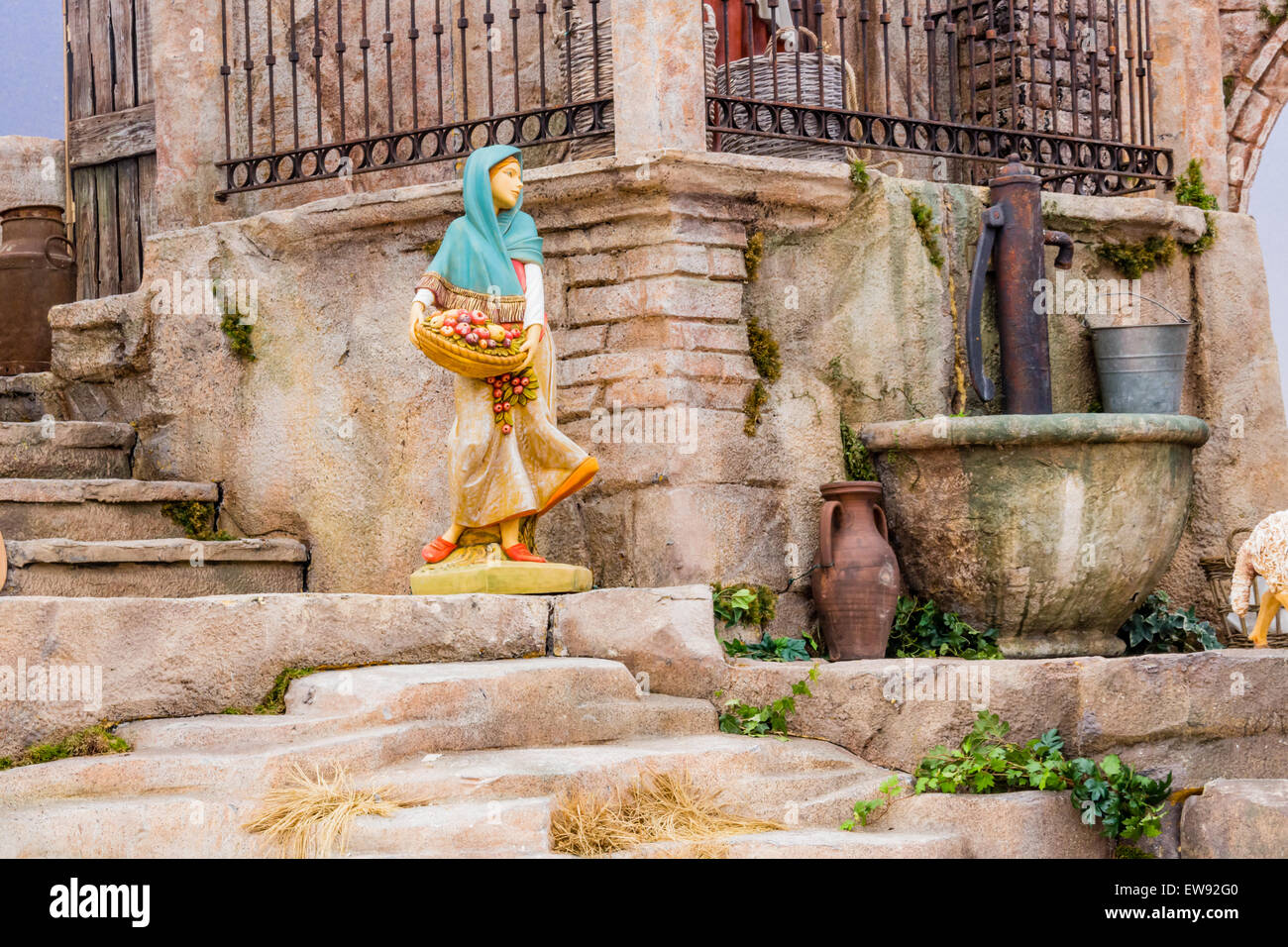 Nativity scene: some characters of a crib in Italy. A female farmer ...