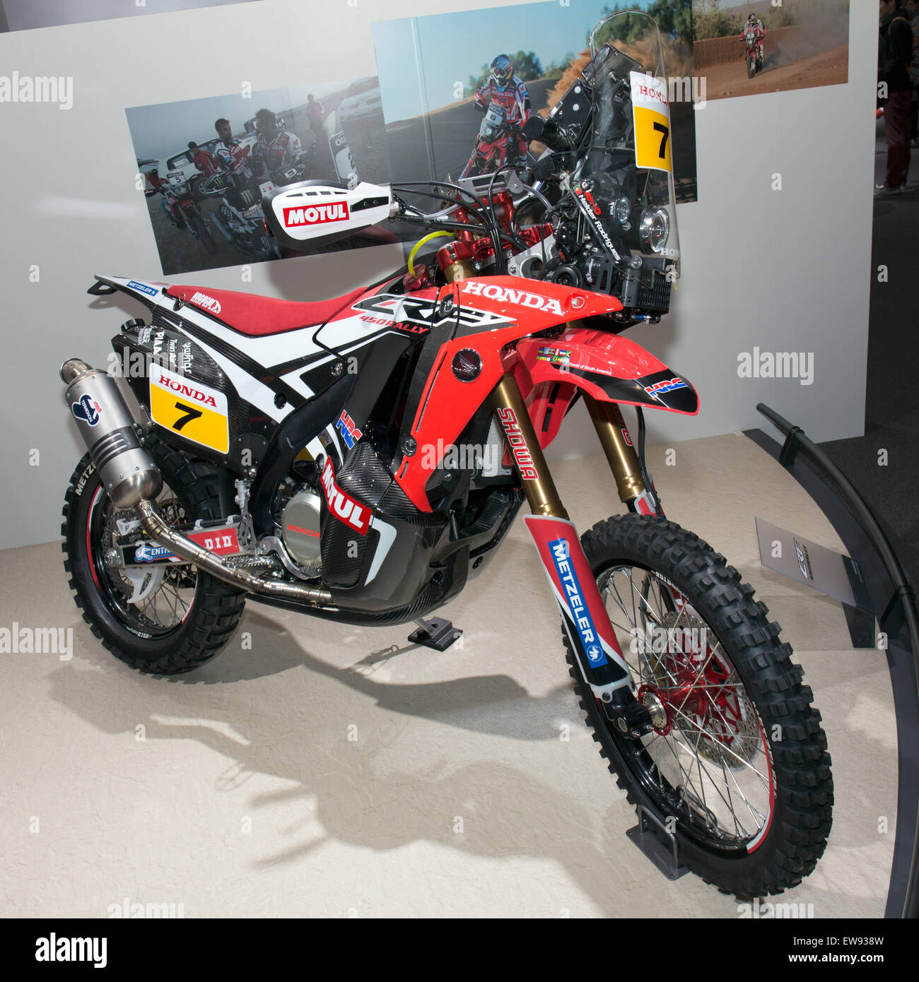 Front-right view of the Honda CRF450 Rally bike displayed at the 2013 ...