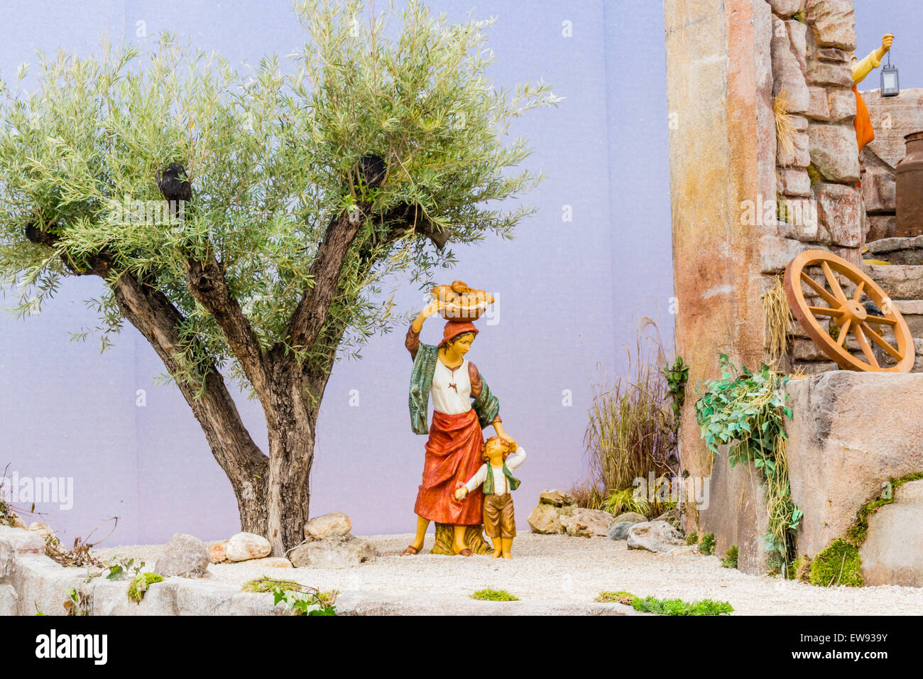 Nativity scene: some characters of a crib in Italy. A female farmer ...