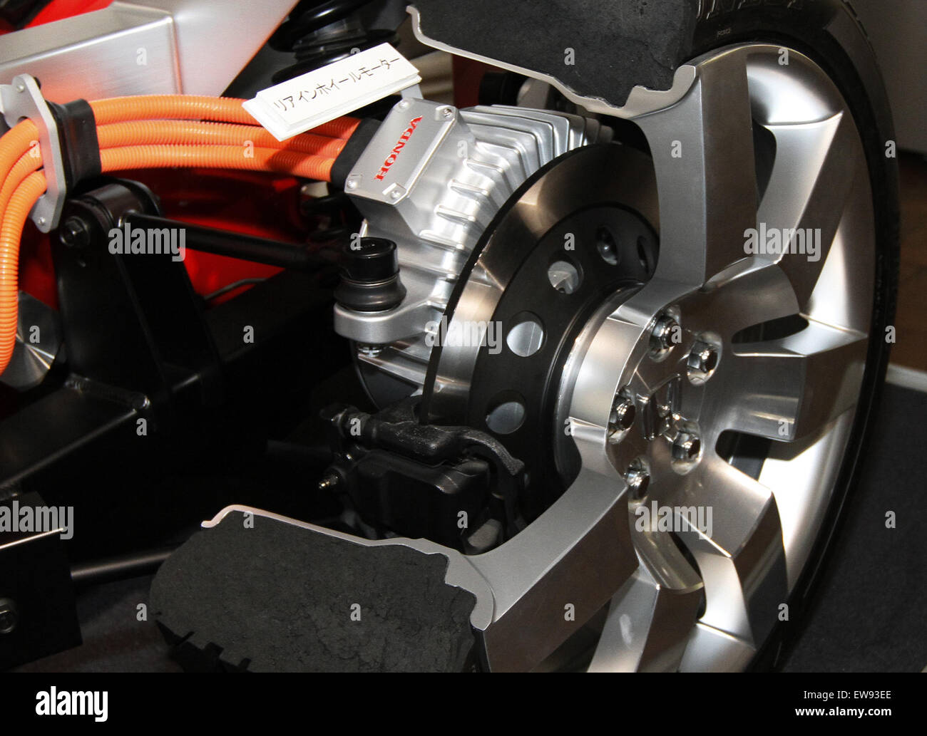The Honda FCX rear in-wheel motor, displayed at the Honda Collection ...