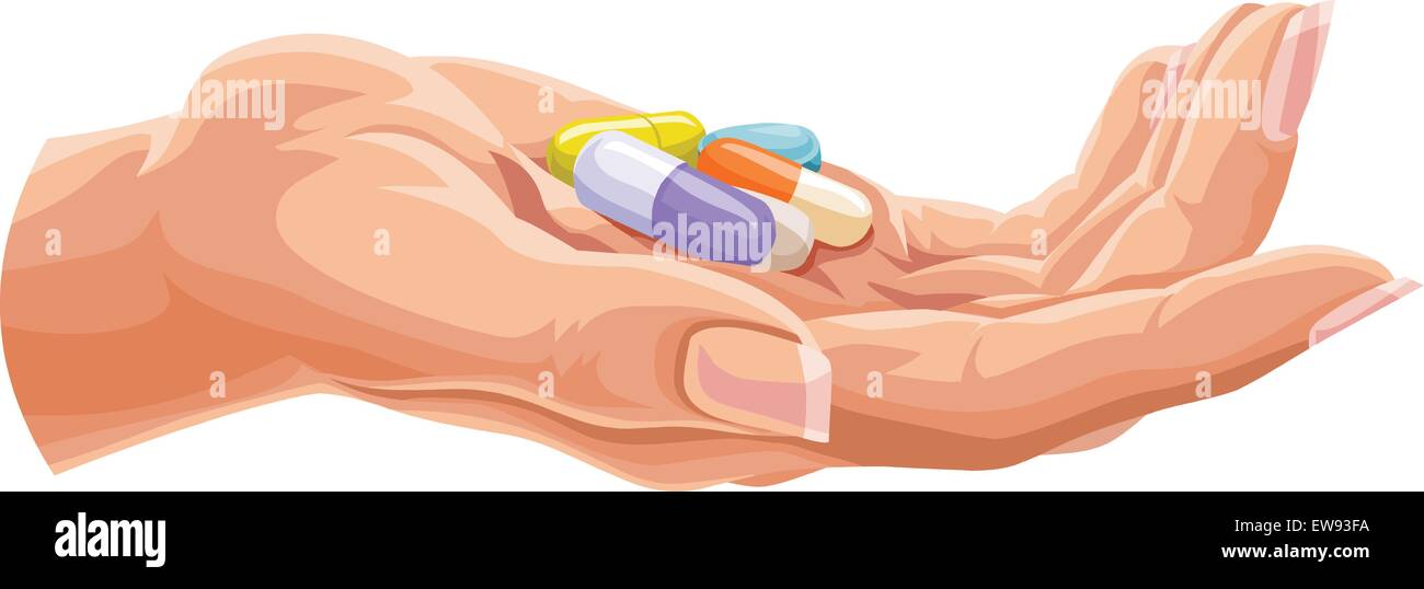 Vector illustration of human hand with prescription capsules Stock ...