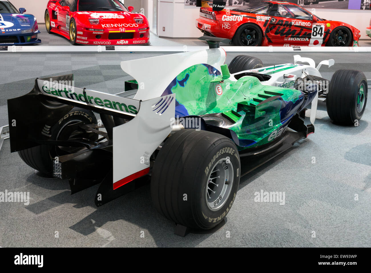 Rear-right view of the Honda RA108 Formula One car displayed at the ...