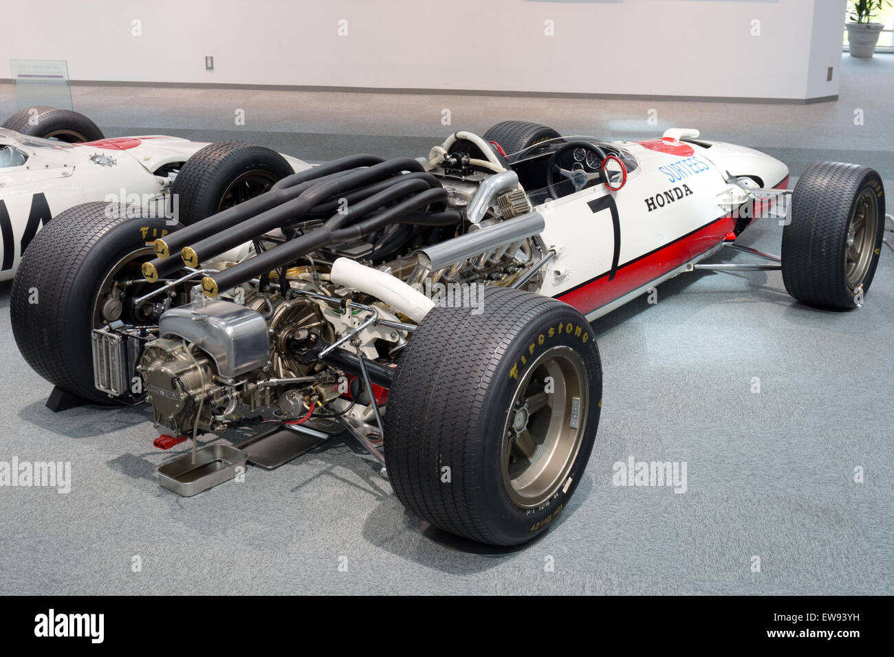Rear-right view of the Honda RA273 Formula One car displayed at the ...