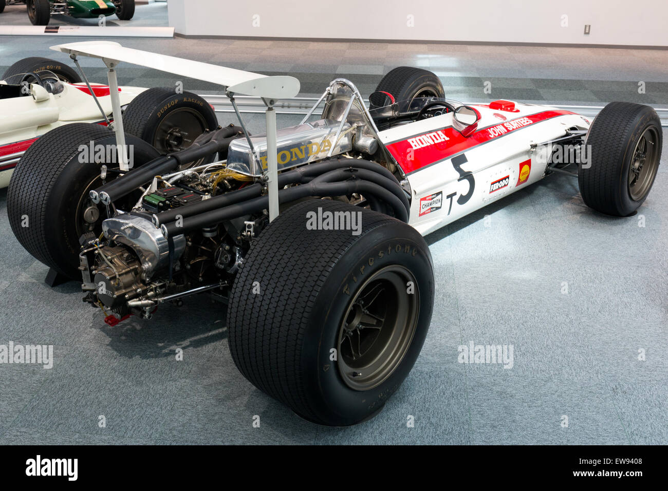 Rear-right view of the Honda RA301 Formula One car displayed at the ...