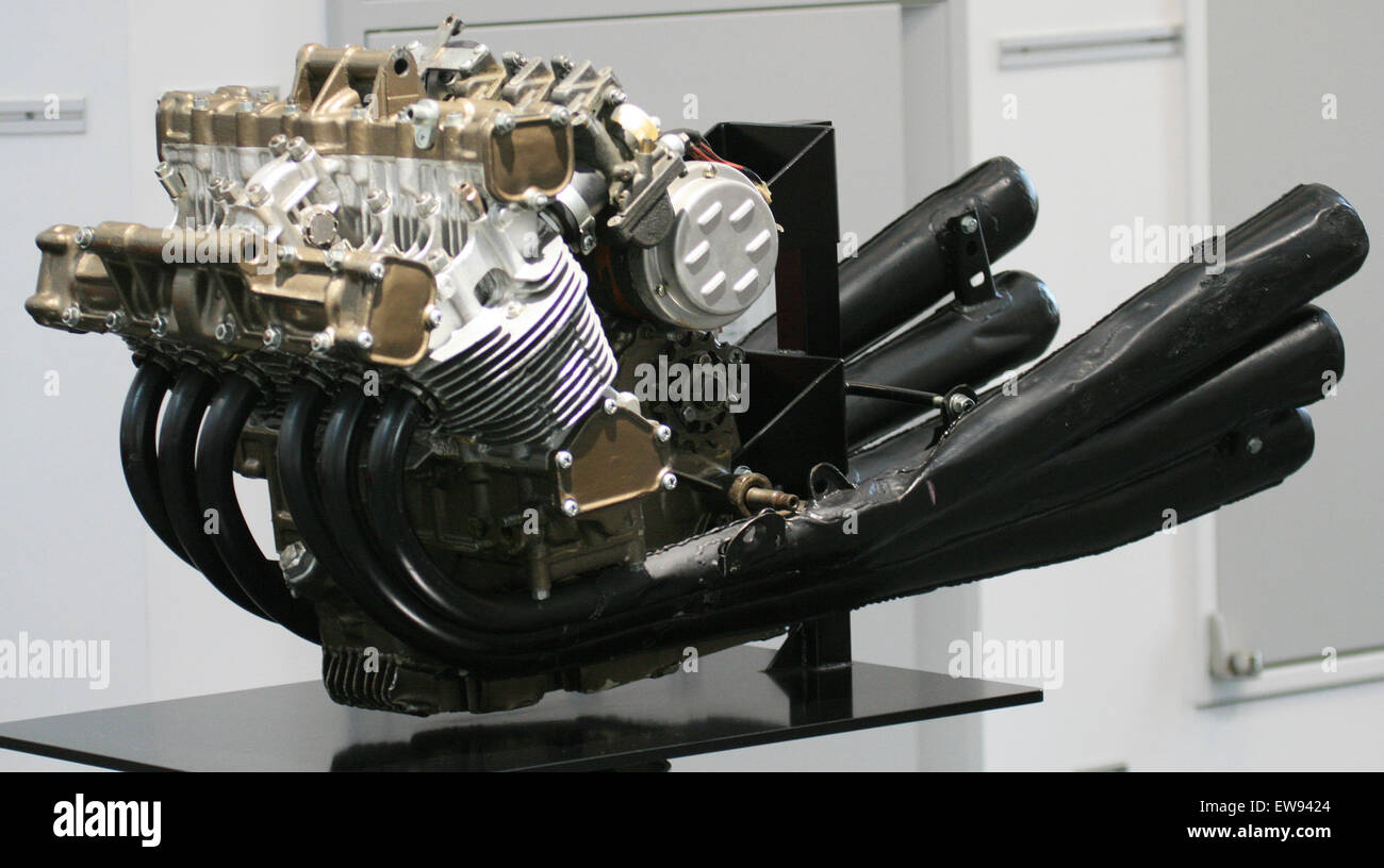 Front view of the Honda RC174E engine displayed at the Honda Collection ...