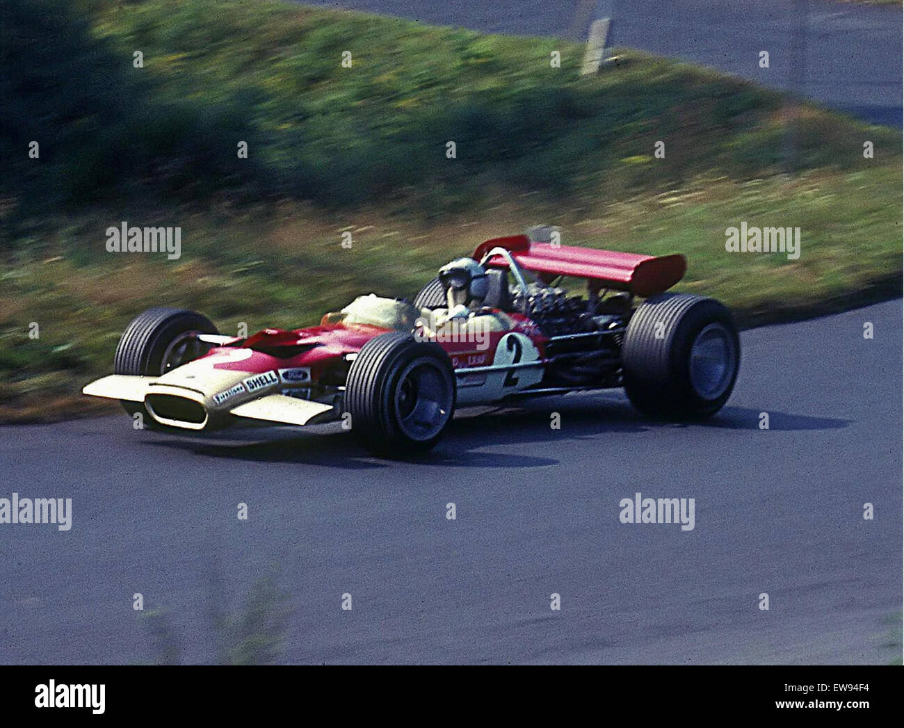 Jochen Rindt driving the Lotus 49B during the 1969 German Grand Prix at Nürburgring, capturing a ...
