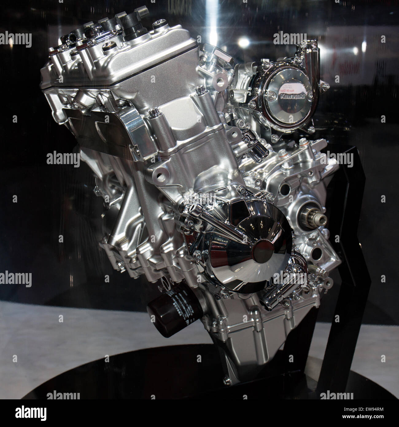 Supercharged engine of a Kawasaki motorcycle displayed at the 2013 ...