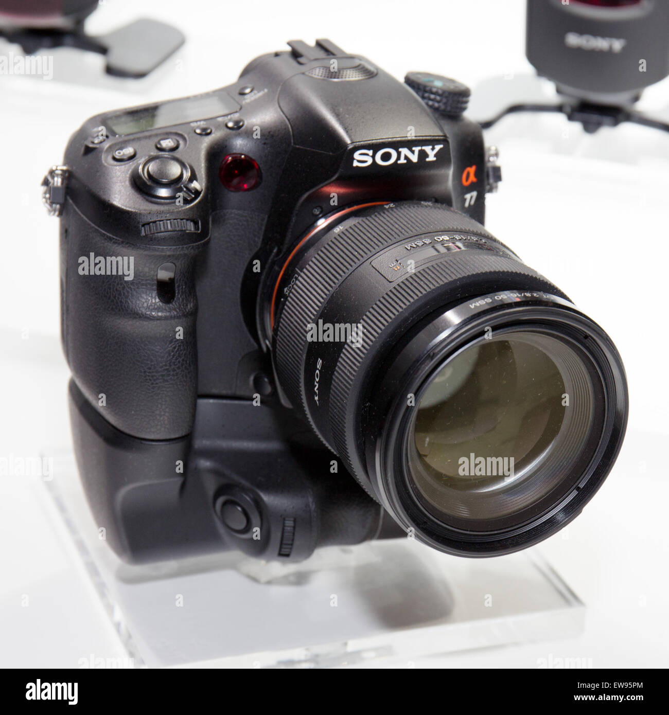 The Sony SLT-A77 camera, displayed at CP+ 2013, a high-speed ...
