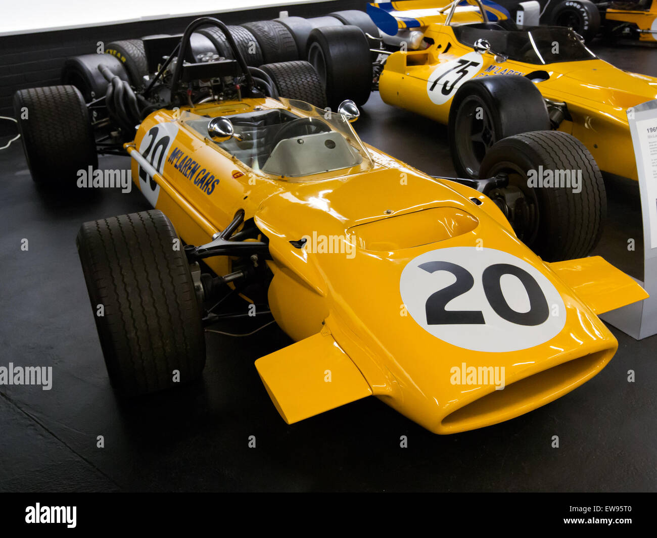 The front-right view of the McLaren M9A, displayed at the Donington ...