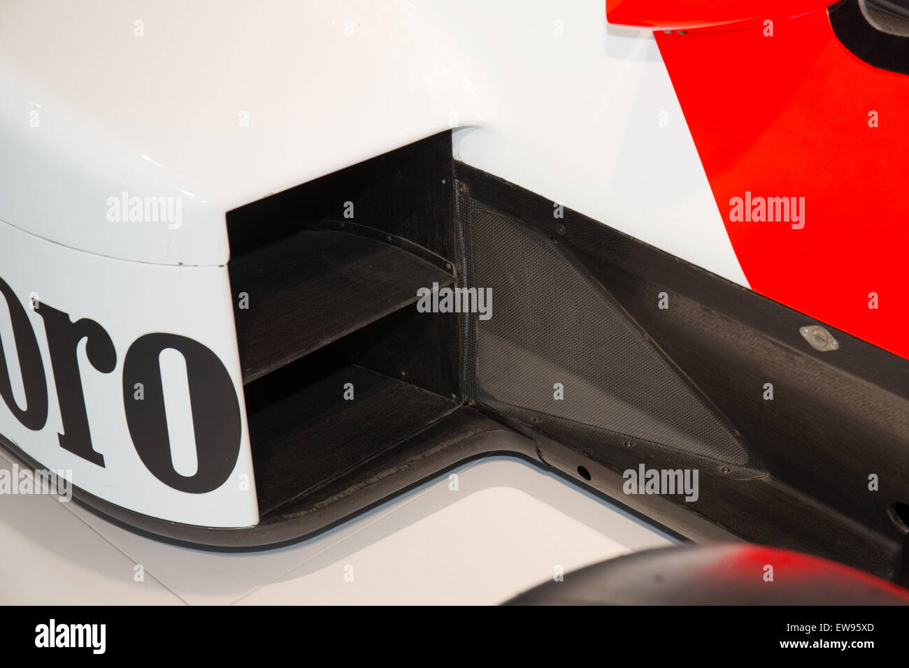 The sidepod intake of the McLaren MP4-2C, displayed at the Porsche ...