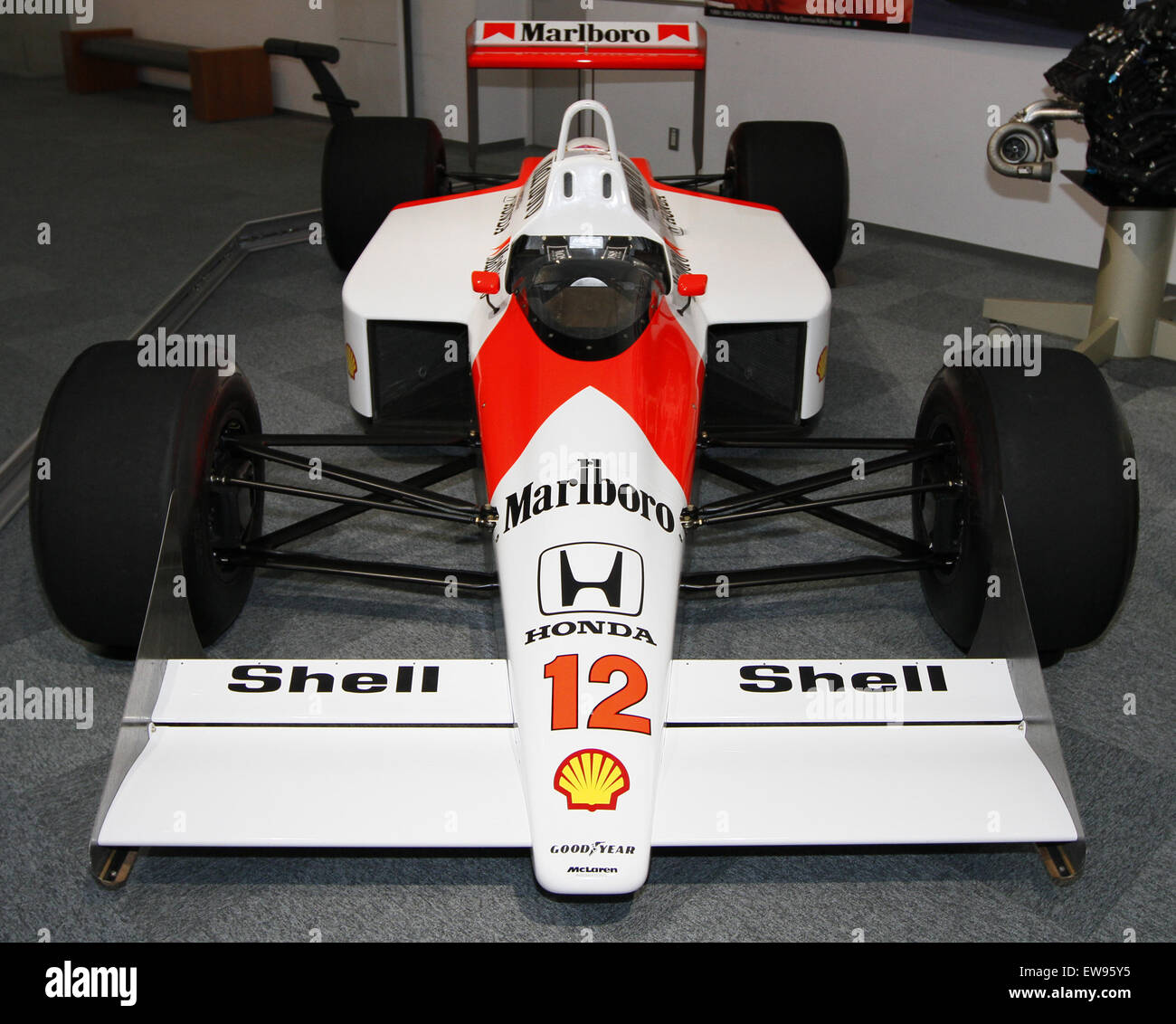 The McLaren MP4-4, displayed at the Honda Collection Hall, the dominant ...