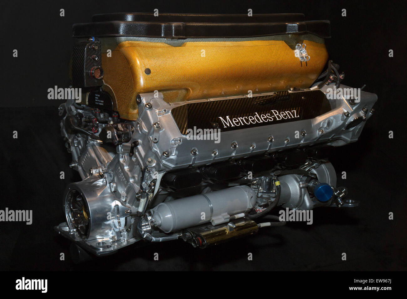 Rear view of the 2002 Mercedes-Benz FO110M Formula One engine displayed ...