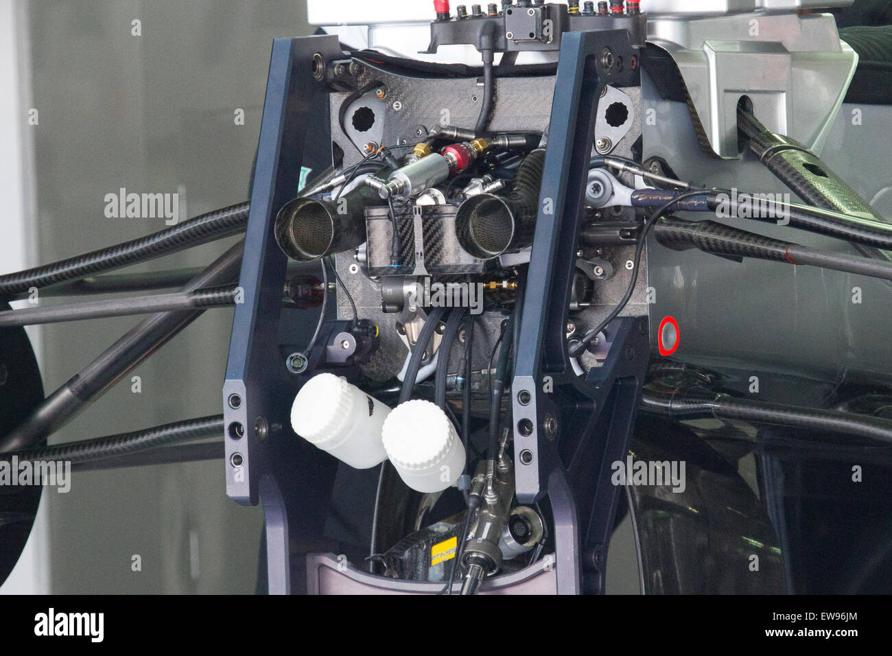 The front view of the Mercedes F1 W03, showcasing the DRS pipes ...