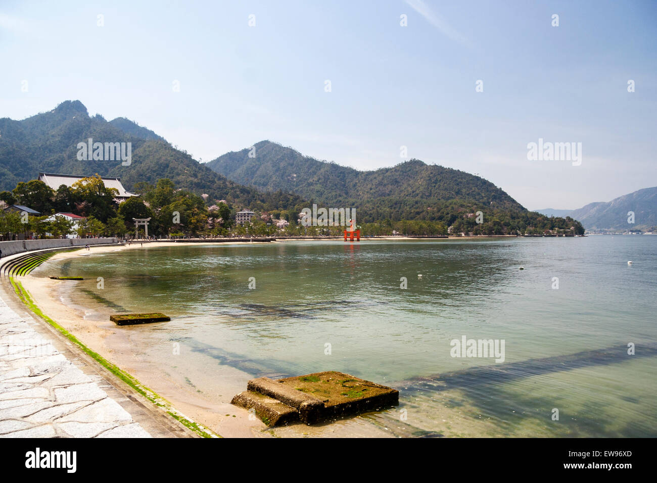 Wide angle landscape view of the Great Torii gate at Miyajima island ...