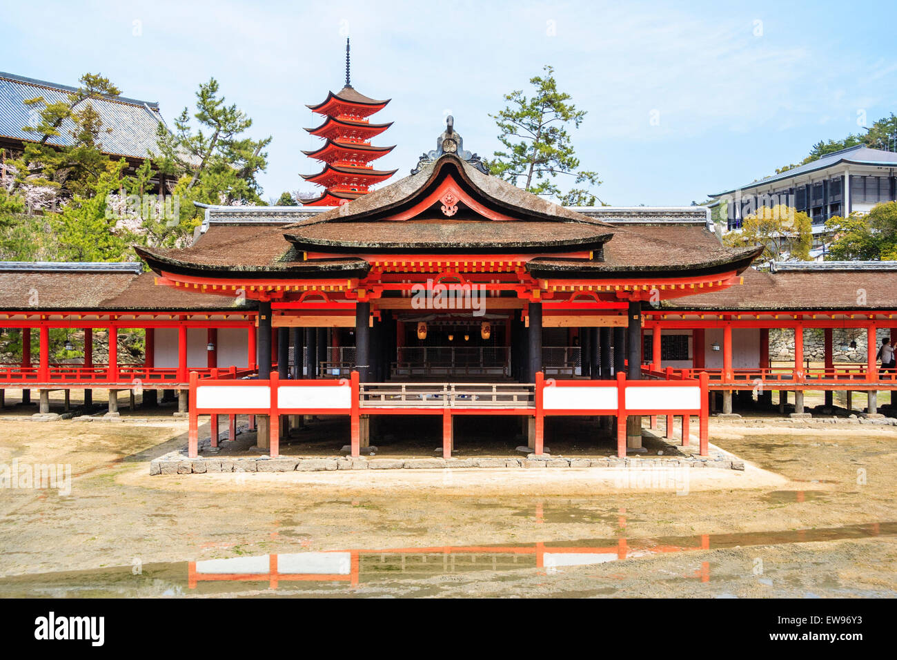 Vermilion raised corridors of the Iksukushima shrine, a popular tourist ...