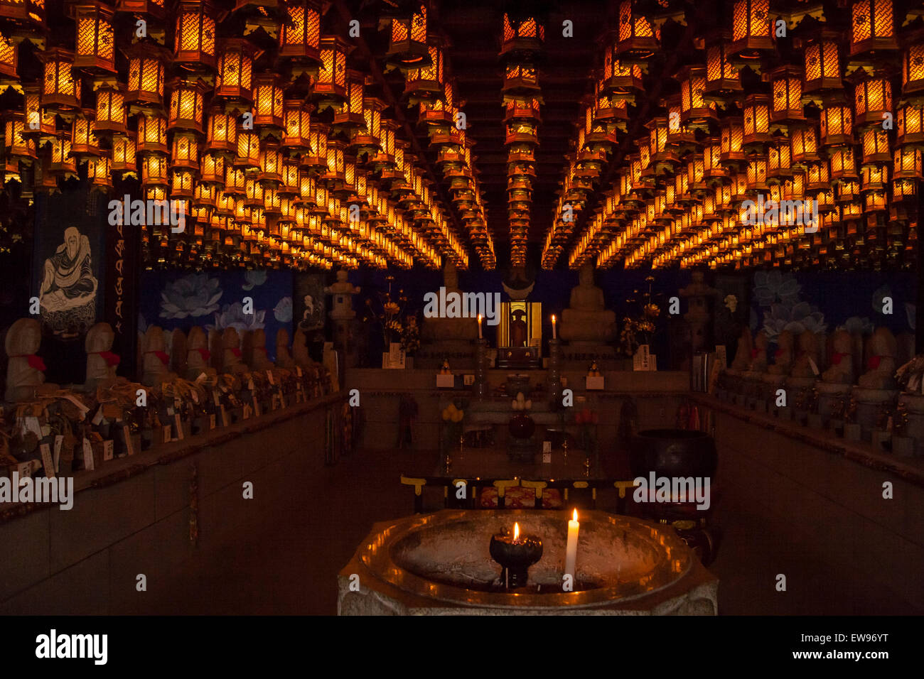 Japan, Miyajima. Daisho-in temple. Interior, Henjokutsu Cave housing ...