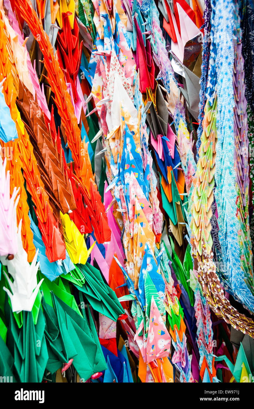 Hiroshima, The Children's Peace Monument. Vertical rows of origami ...