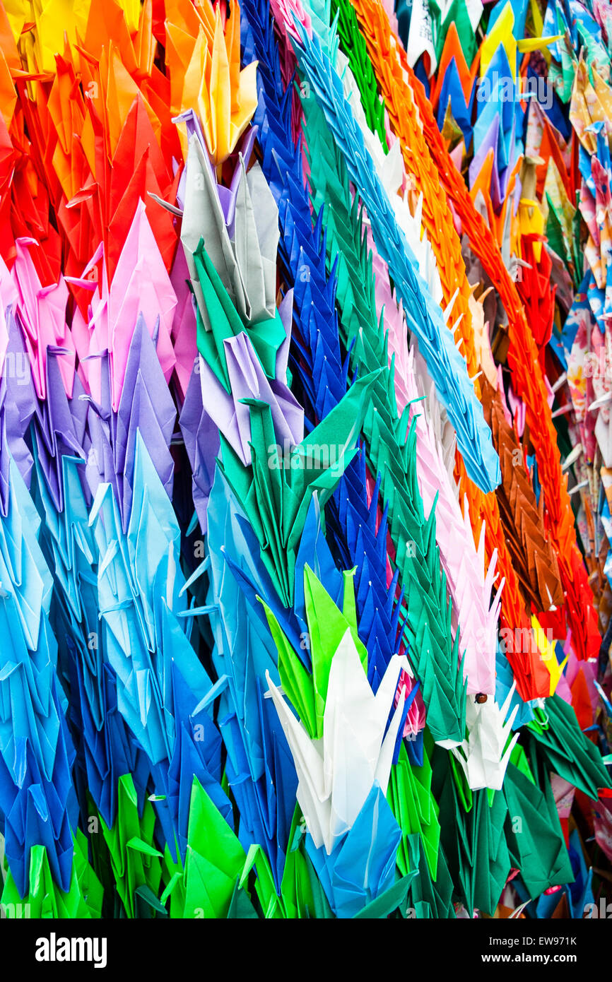 Hiroshima, The Children's Peace Monument. Vertical rows of origami ...