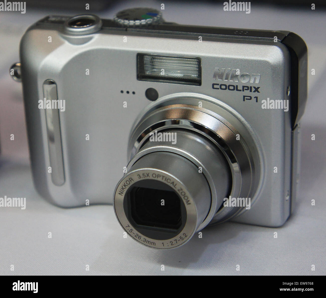 The Nikon Coolpix P1, displayed at CP+ 2011, an early Wi-Fi-enabled ...