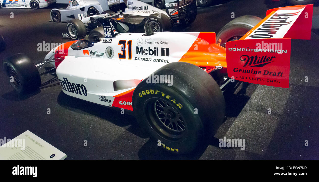 The rear view of the Penske PC-23, displayed at the Mercedes-Benz ...