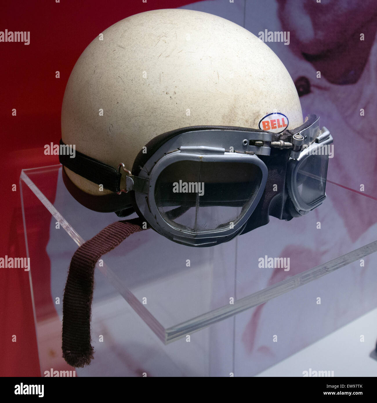 Phil Hill's helmet and racing goggles, displayed at the Museo Ferrari ...