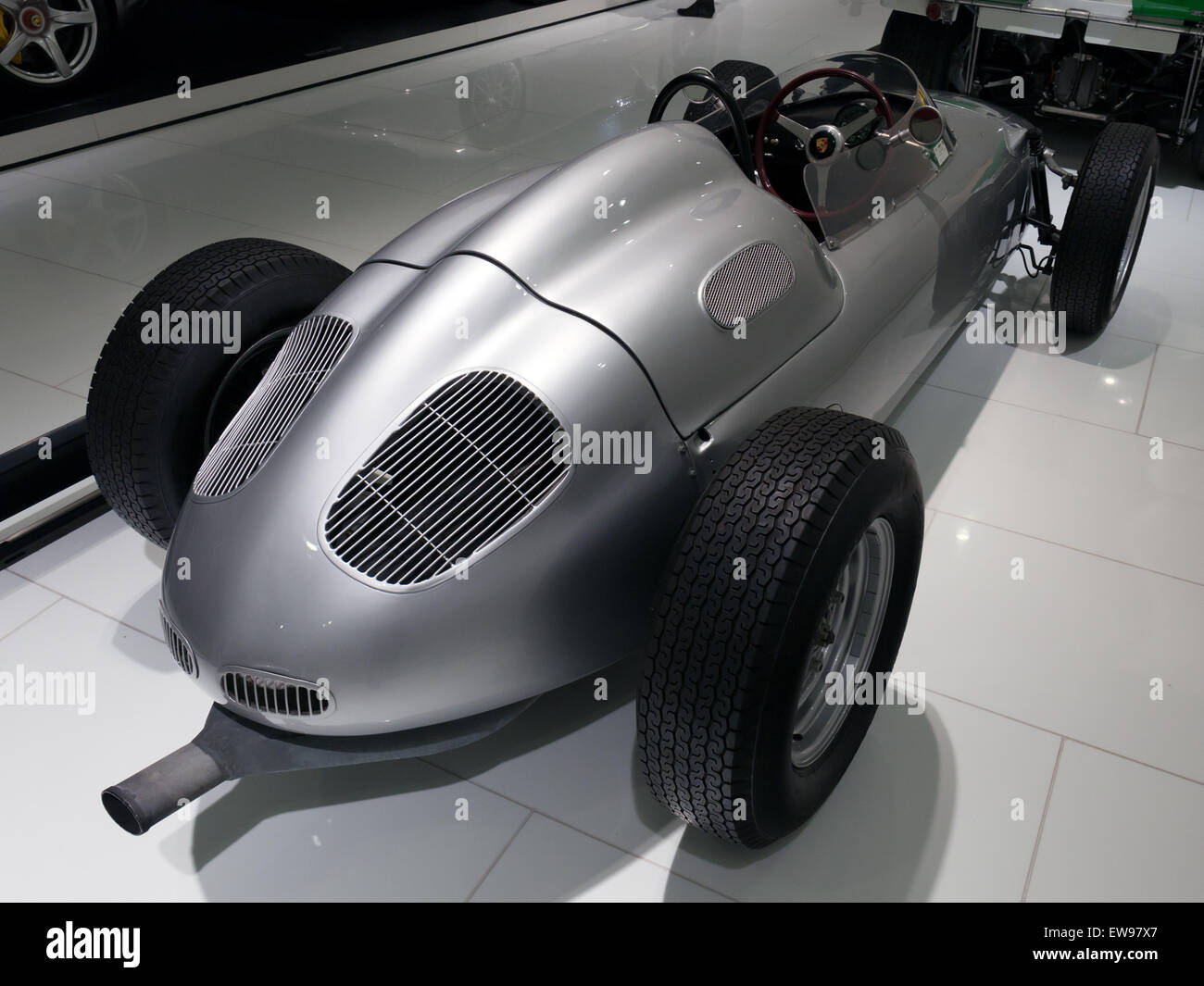 Rear-right view of the Porsche 718 Formula 2 car displayed at the ...