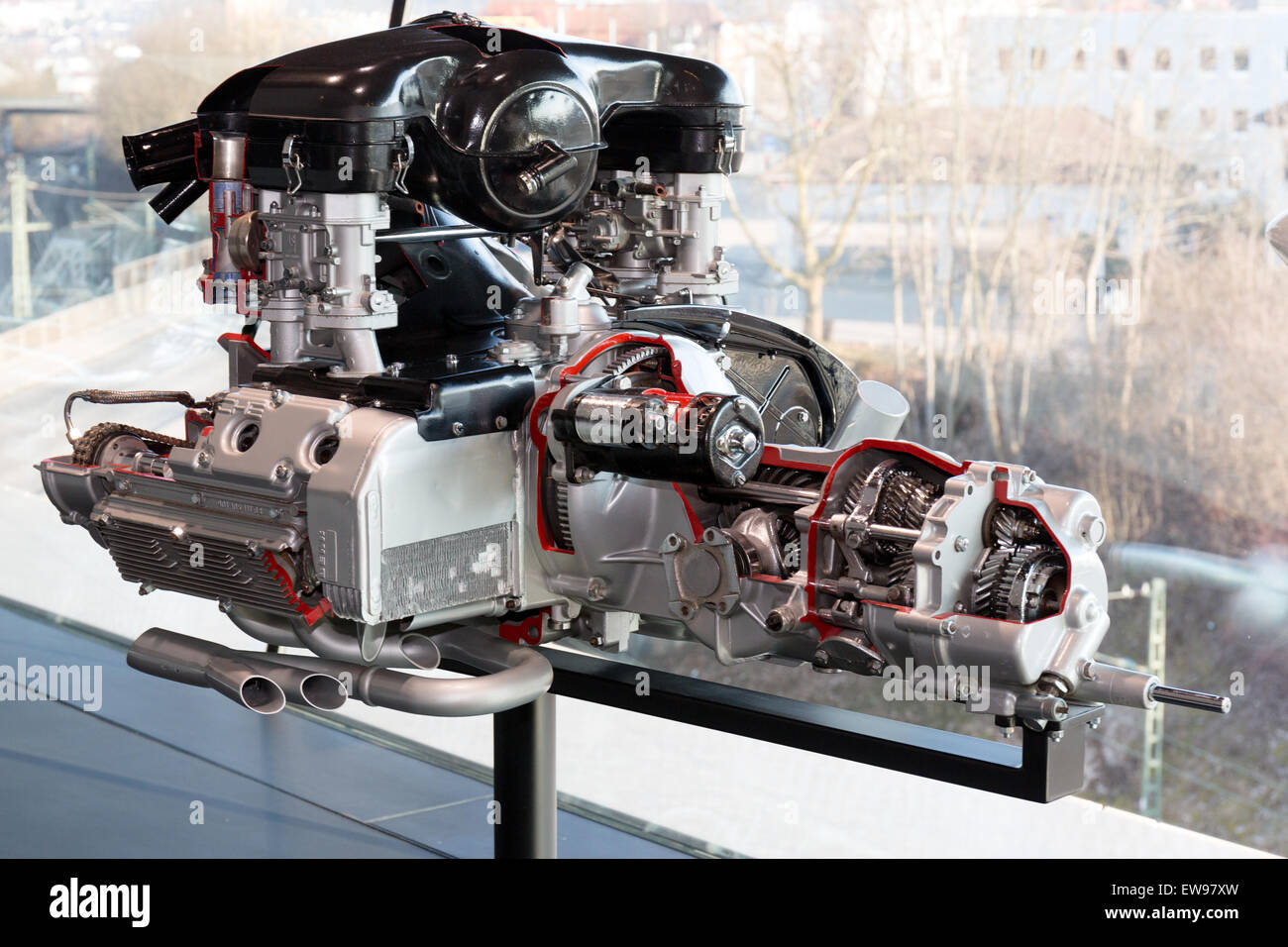 The rear-left view of the Porsche 901-01 engine, displayed at the ...