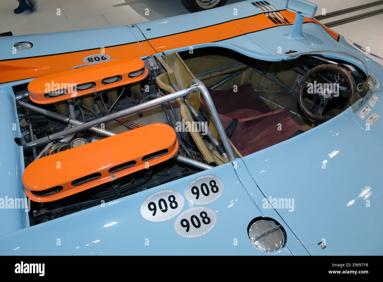 The Porsche 908-3 Spyder engine, displayed at the Porsche Museum, a ...