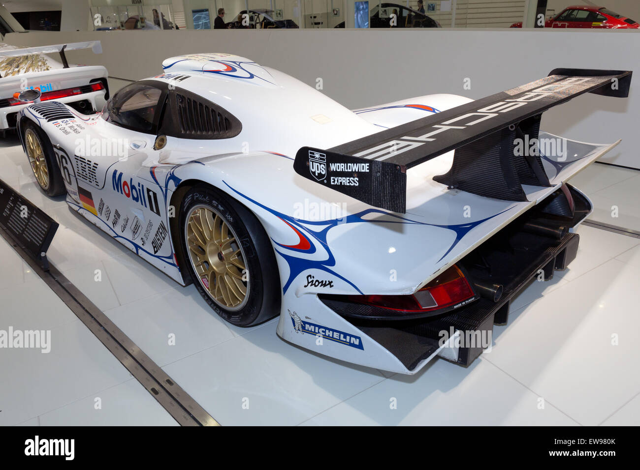 The rear-left view of the Porsche 911 GT1-98, displayed at the Porsche ...