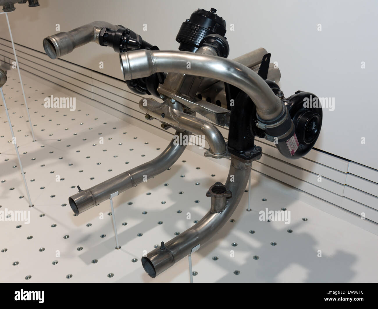 The turbocharged engine of the Porsche 912, displayed at the Porsche ...